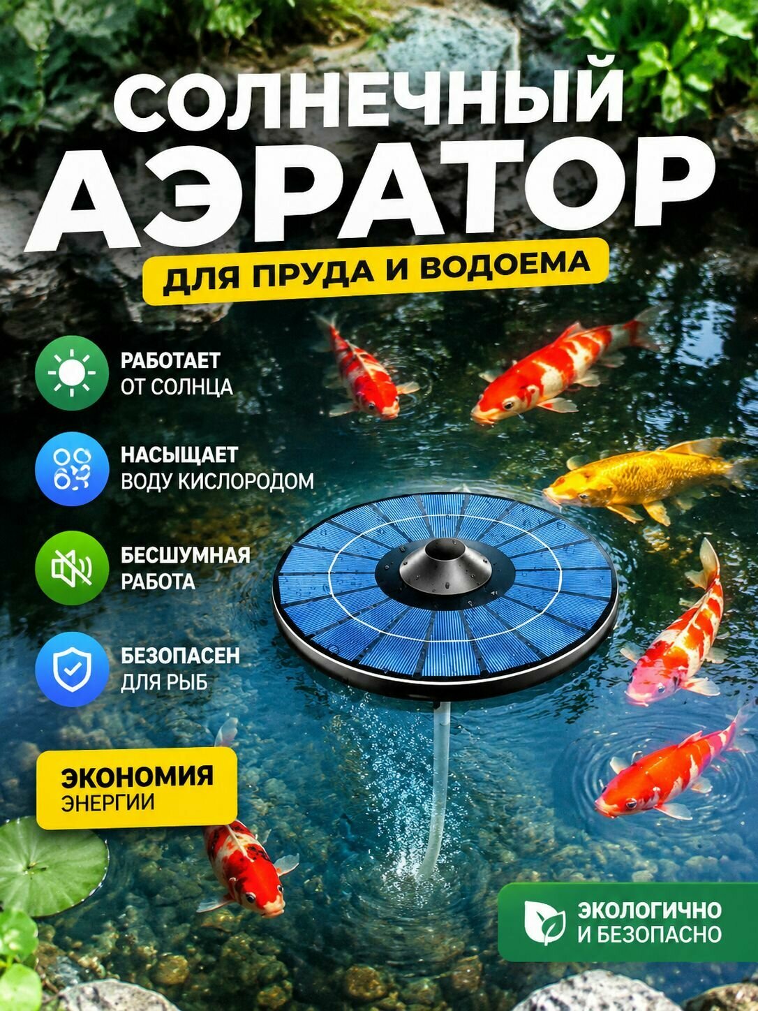 Аэратор для пруда на солнечной батарее автономный для водоема