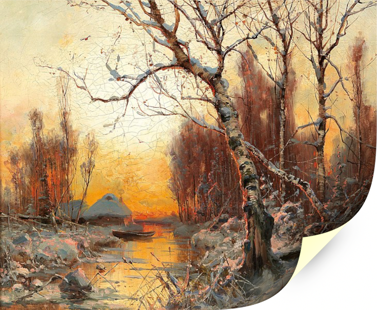 "Зимний пейзаж с березой в вечернем свете", Клевер Ю. Ю, картина для интерьера (репродукция) (40х33 см / без подрамника)