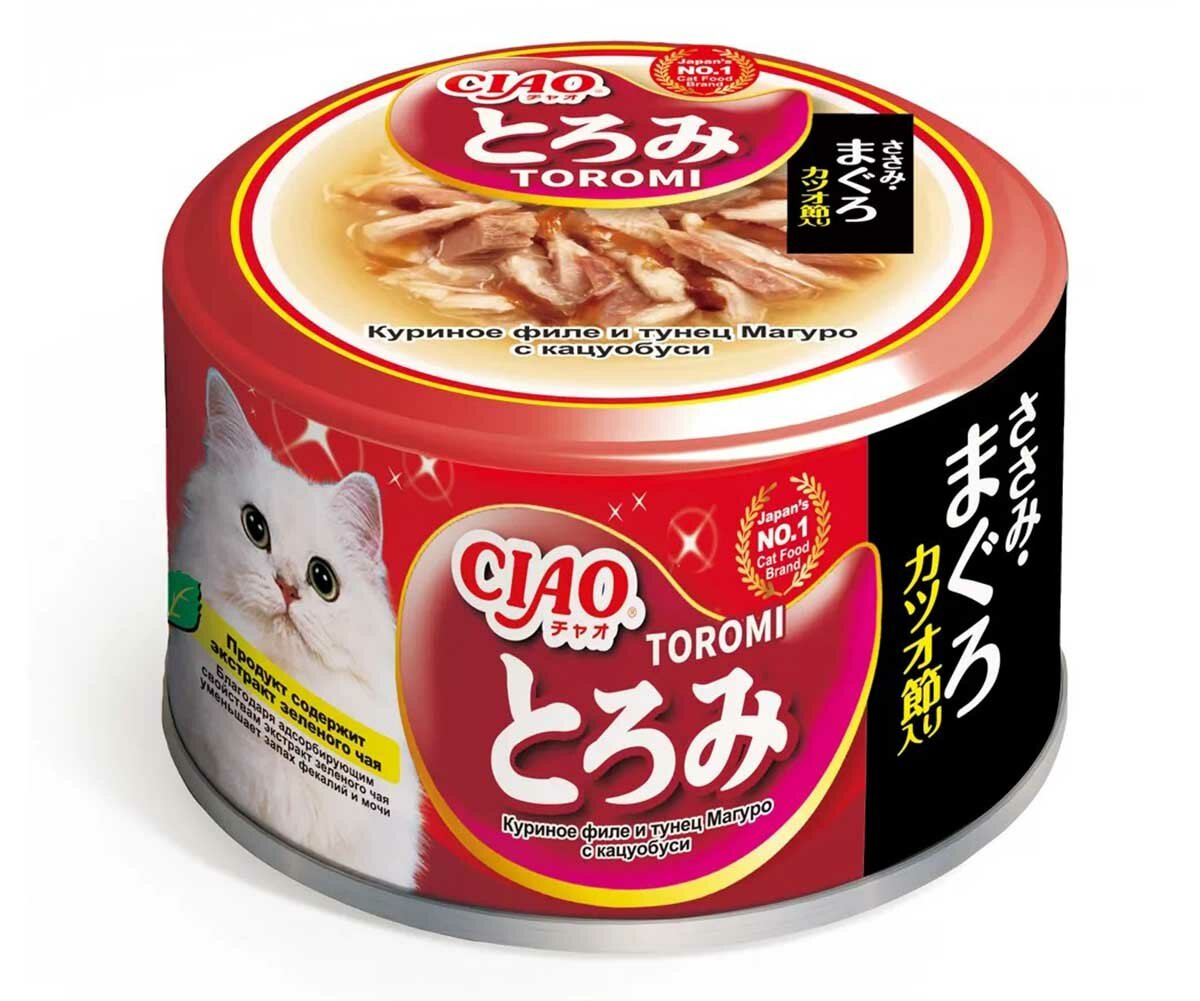 Консервы Inaba ciao toromi для кошек филе курицы и тунец магуро с кацуобуси в бульоне 80г