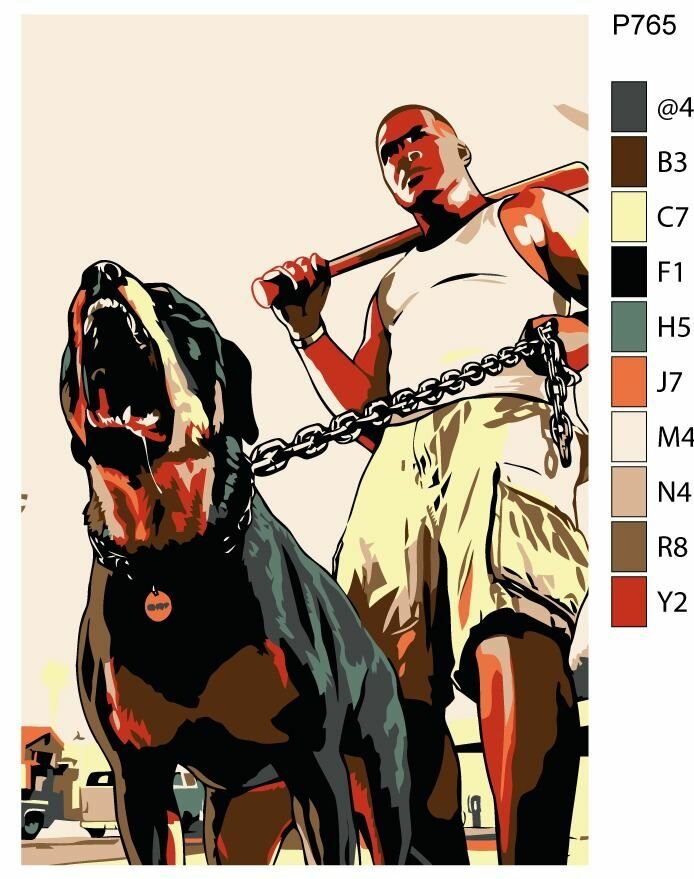 Детская картина по номерам P765 "Игра GTA (ГТА). Франклин Клинтон и ротвейлер" 20x30