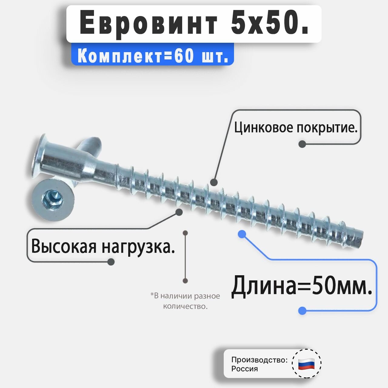 Стяжка мебельная, евровинт, конфирмант 5х50мм. 60 штук. Потайная головка под шестигранник покрытие цинк. OTLEX
