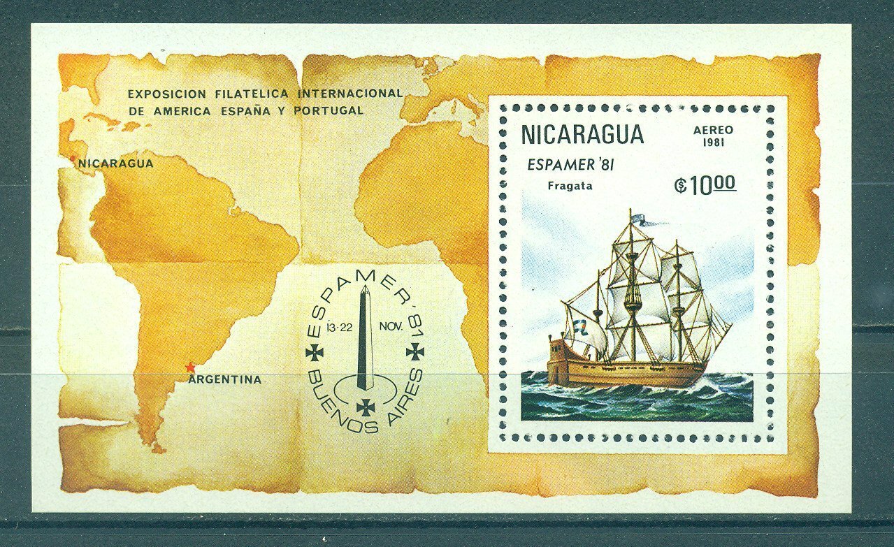 Почтовые марки Никарагуа 1981г. "Международная выставка марок "ESPAMER '81" - Парусник" Корабли, Карты, Парусники MNH