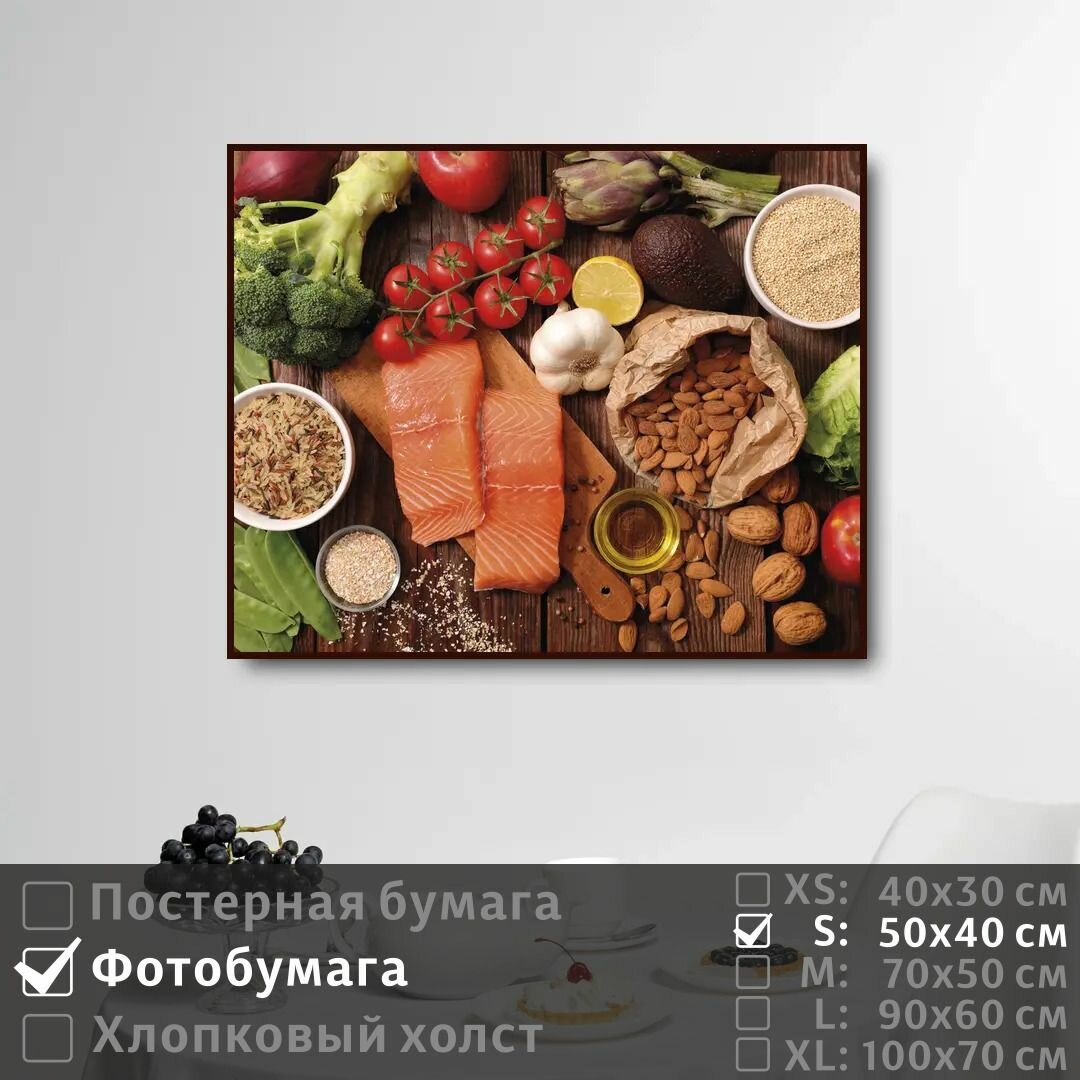 Постер на фотобумаге Здоровое Питание Овощи Зелень Рыба 50х40 см ПолиЦентр