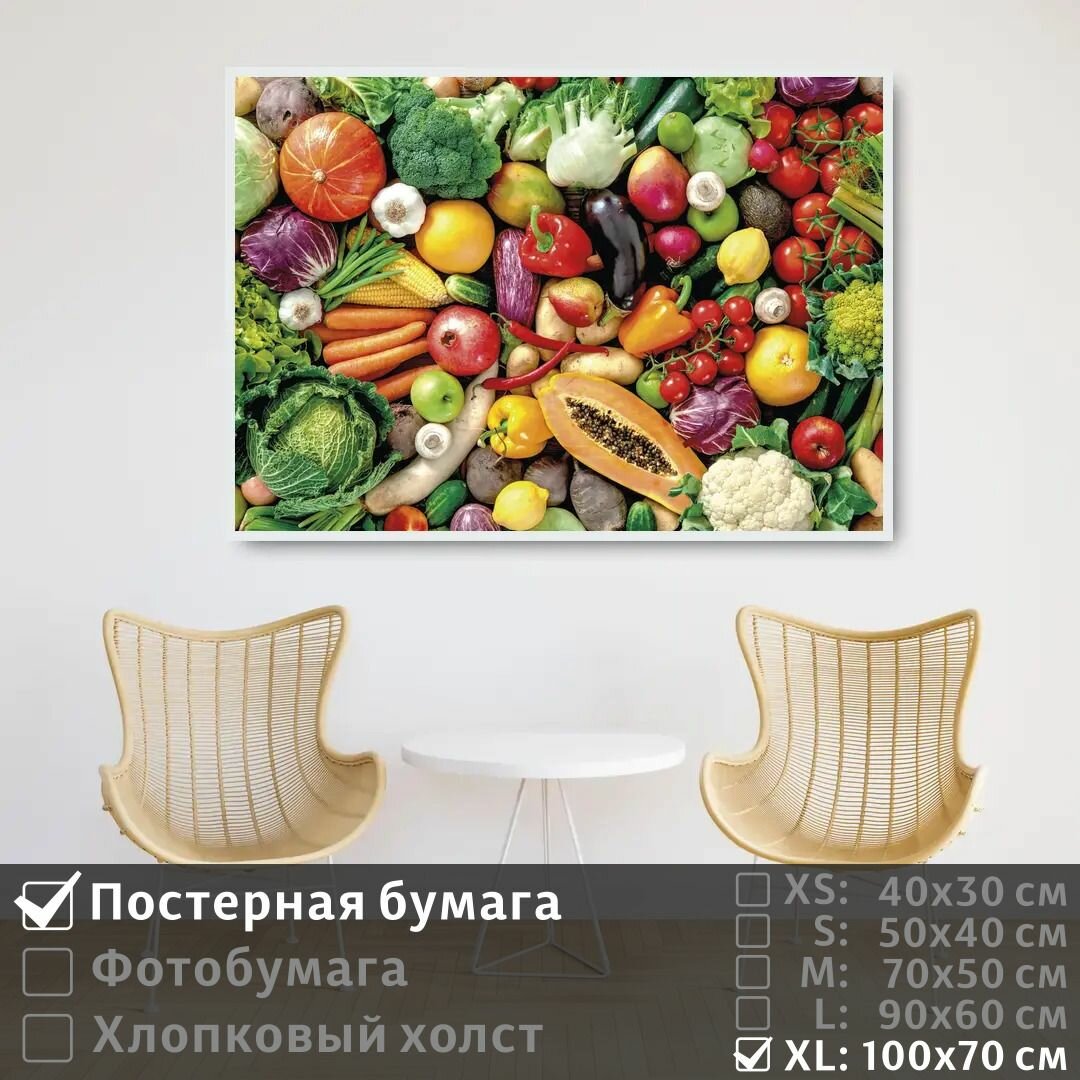Постер на стену Красочные Овощи И Фрукты Для Здоровья 100х70 см ПолиЦентр
