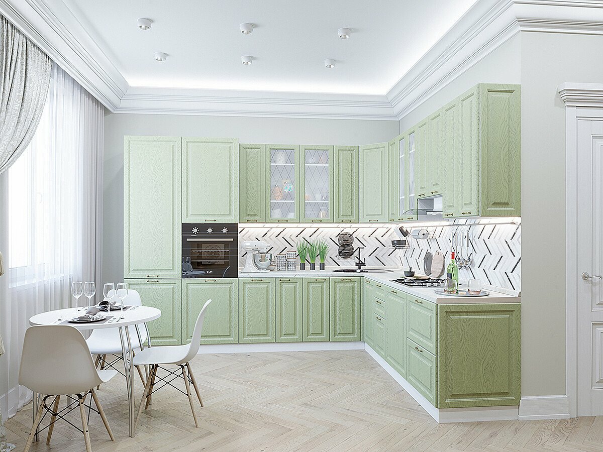 Кухня Ницца-04, цвет фасада Дуб оливковый, цвет каркаса Белый, 2340*3200/2700*600 мм