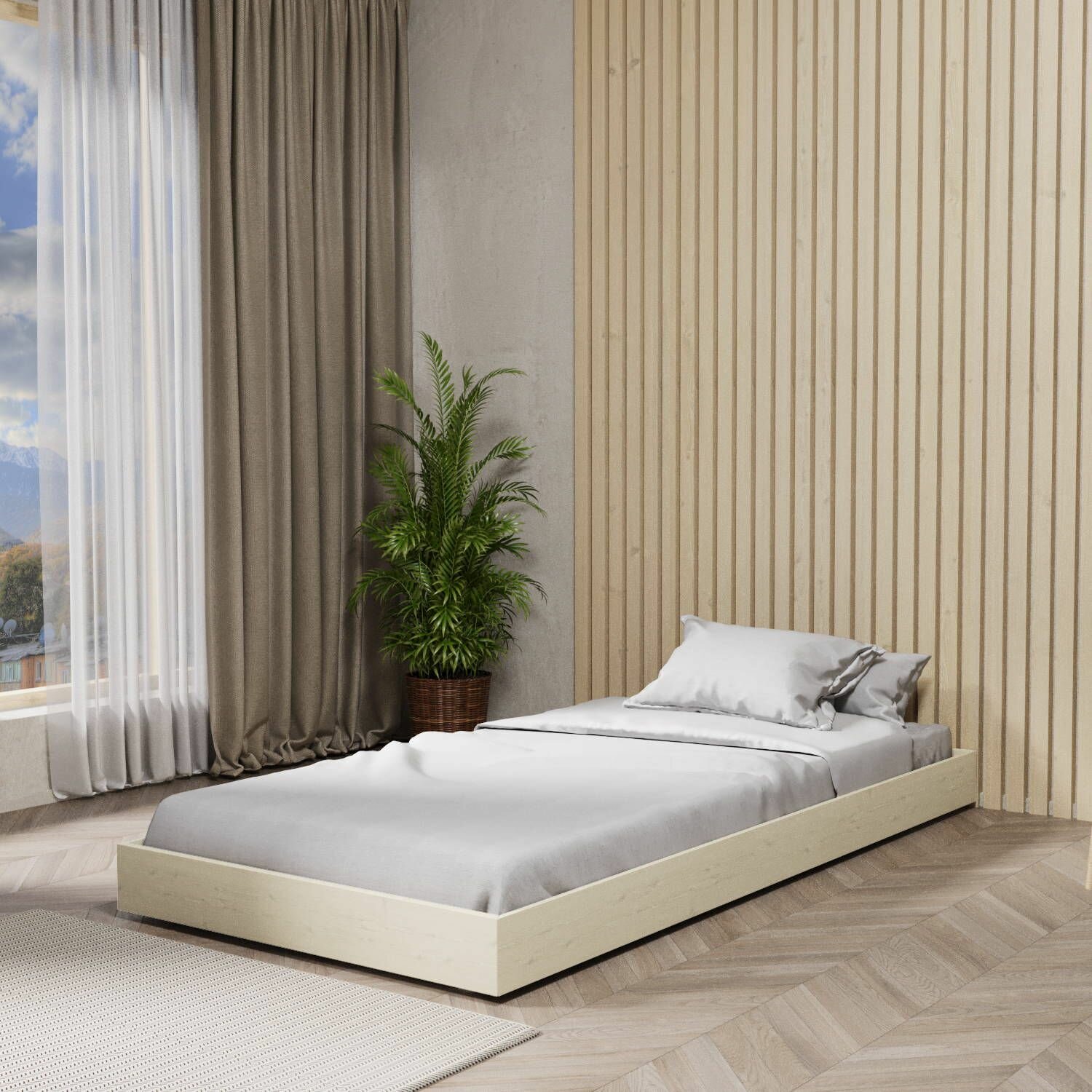 Кровать низкая односпальная подиум 70x200 Генрих без ножек цвет Беленый дуб