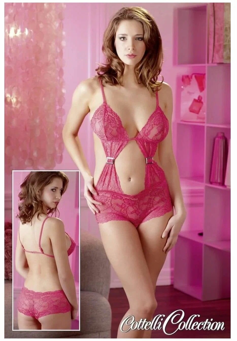 Боди Cottelli Collection с кружевом, украшенное пряжками, розовый, размер S