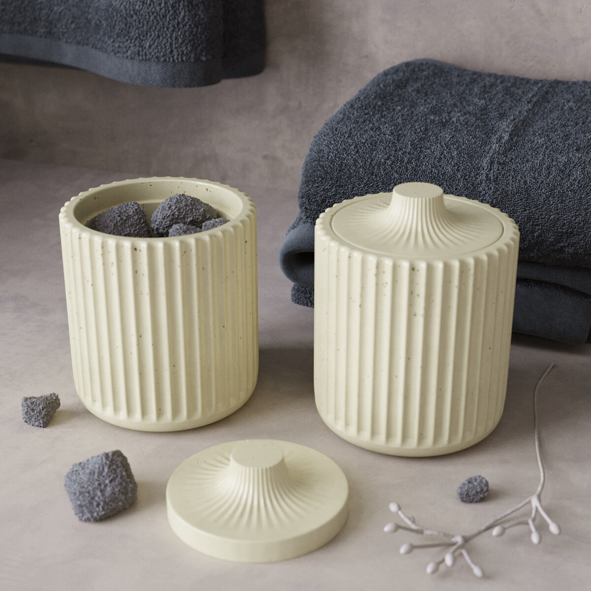 Набор для ванной Chloe 09 (подставки для ватных палочек и дисков S с крышками - 2 шт. ), бетон, глянцевый кремовый