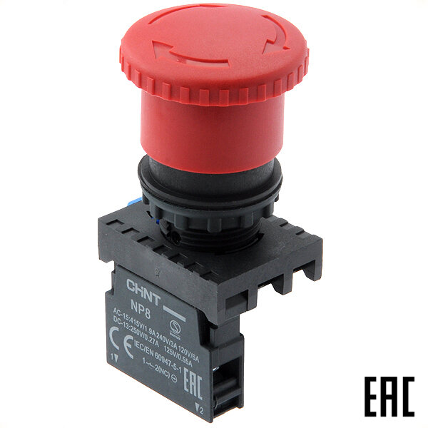 Выключатель кнопочный 577879 / 667210 NP8-01ZS/14 Гриб красный 1р c фиксацией (CHINT)