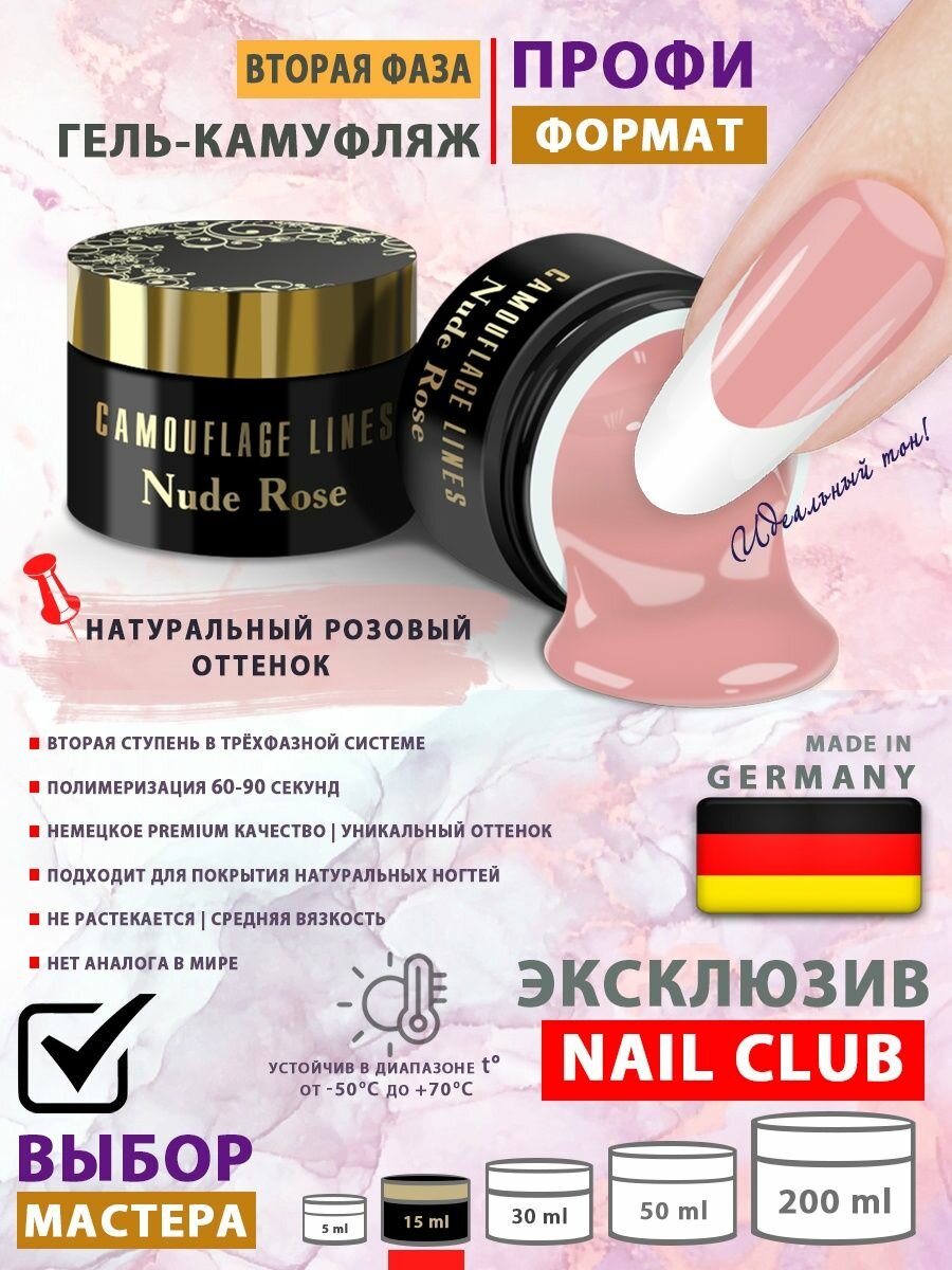 Камуфлирующий гель для ногтей CAMOUFLAGE LINES Cover Nude Rose, 15 мл