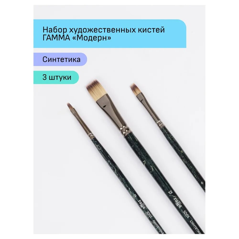 Набор художественных кистей синтетика Гамма "Модерн", 3шт, плоские №2, 6, 12, блистер, европодвес