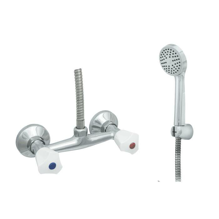 Смеситель для душа двуручный душевой шланг н/ж сталь, хромированная пластиковая лейка и кронштейн Стандарт ЦС-СМ 293/3-4 Пл. Бел маховик Центр Сантехники (Подольск) СМ508415