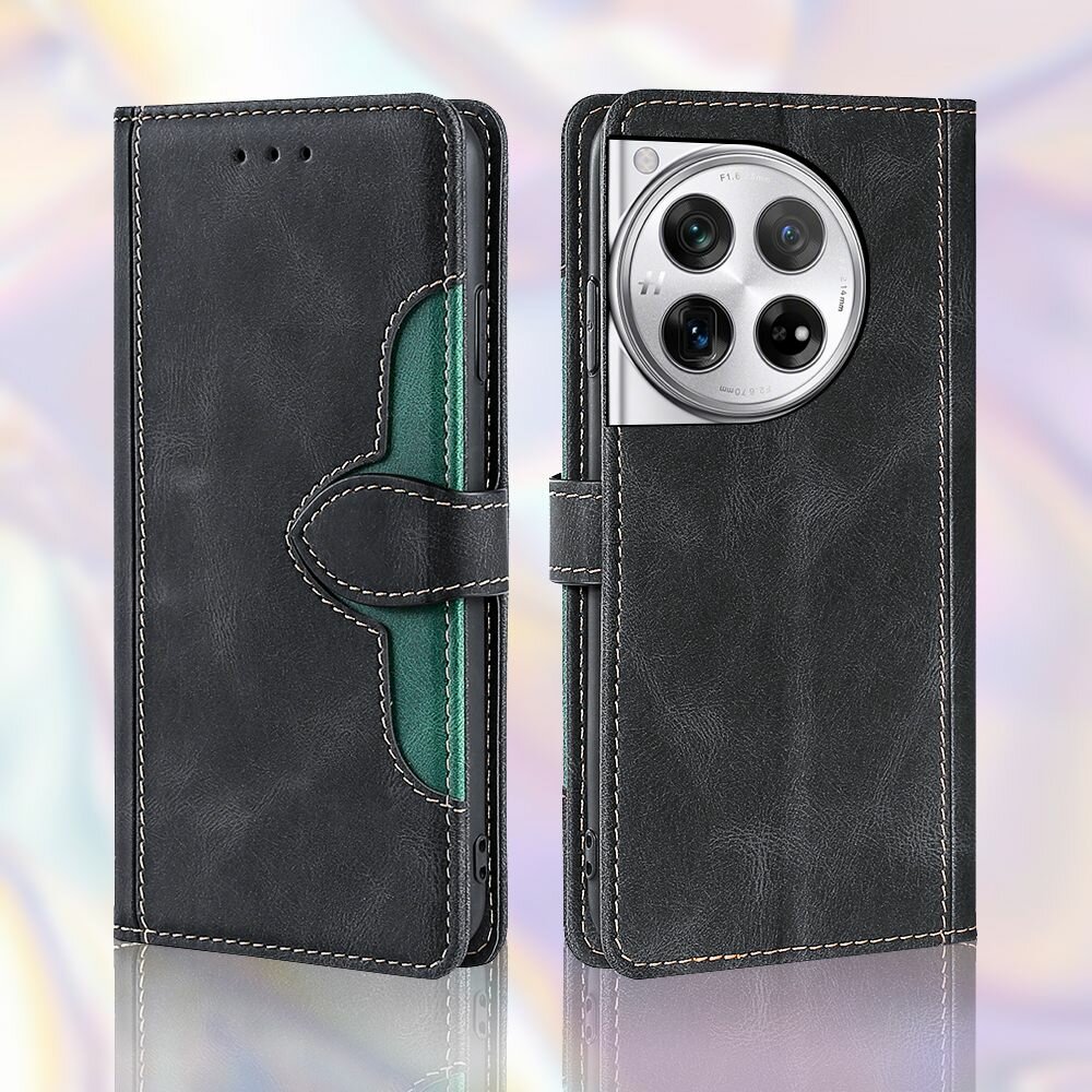 Кожаный чехол-книжка MyPads для OnePlus 12 5G (черный+зеленый)