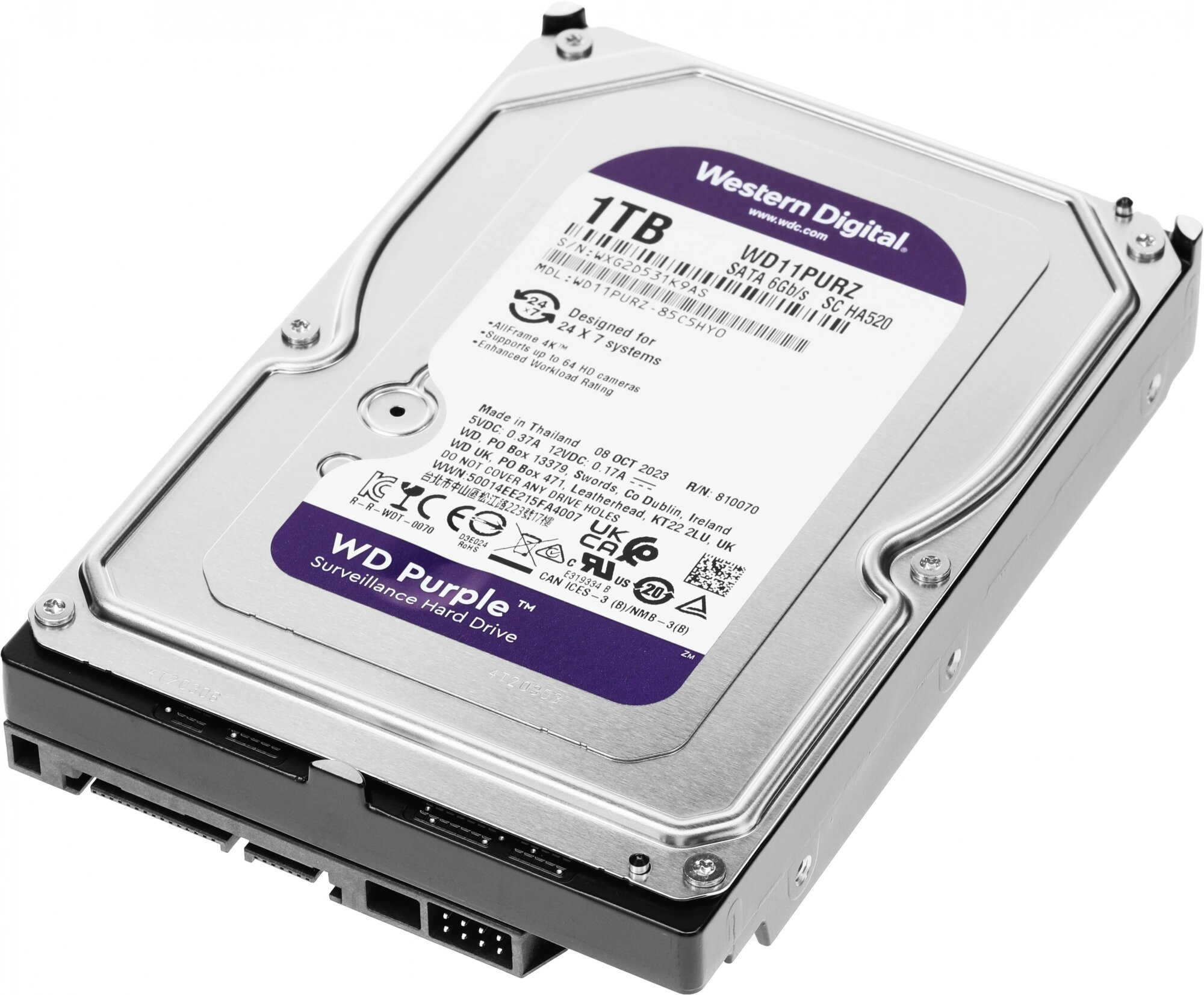 Жесткий диск Western Digital WD11PURZ, для систем видеонаблюдения, 3.5", 1ТБ, 5400об/мин
