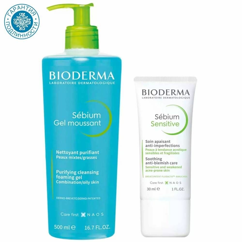 Bioderma Набор Sebium для ежедневного ухода для жирной кожи: гель, 500 мл + крем, 30 мл