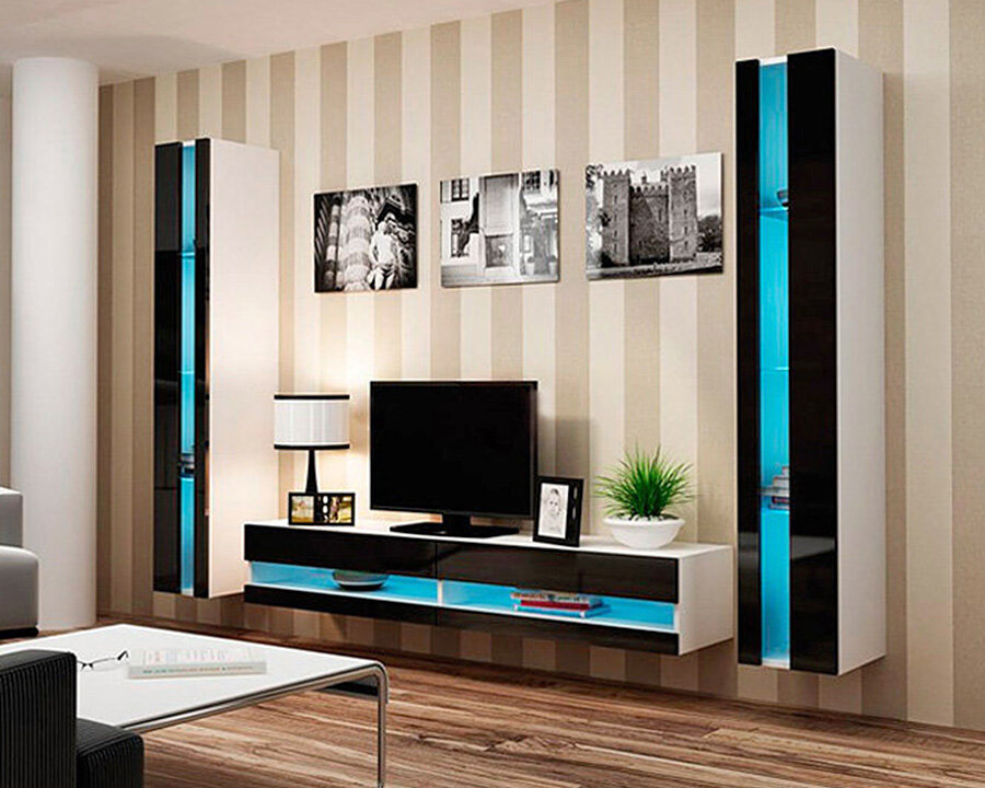 Гостиная Виго нью 3 МДФ (черная) / Белый Фасадный 0101 NEW 260x42x180 см, черный, белый фасадный Фиеста