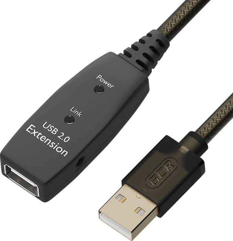 GCR-53793 / GCR Удлинитель активный 3.0m USB 2.0, AM/AF, GOLD, черно-прозрачный, с усилителем сигнал