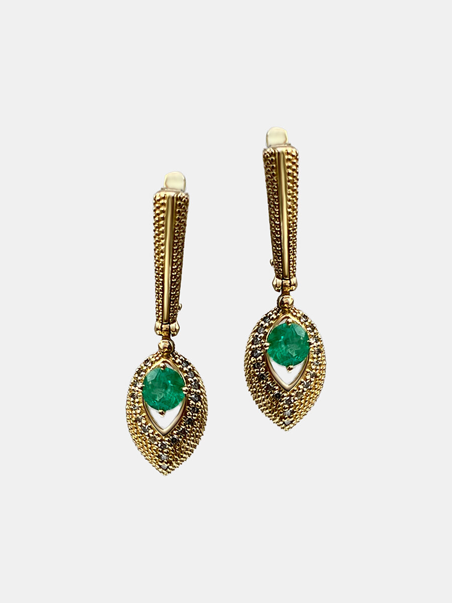 Серьги с подвесками, желтое золото, 585 проба, изумруд, бриллиант