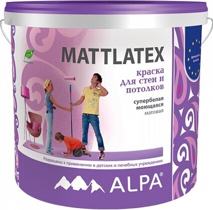 Краска для Стен и Потолков Mattlatex 2л Супербелая Alpa Моющаяся.