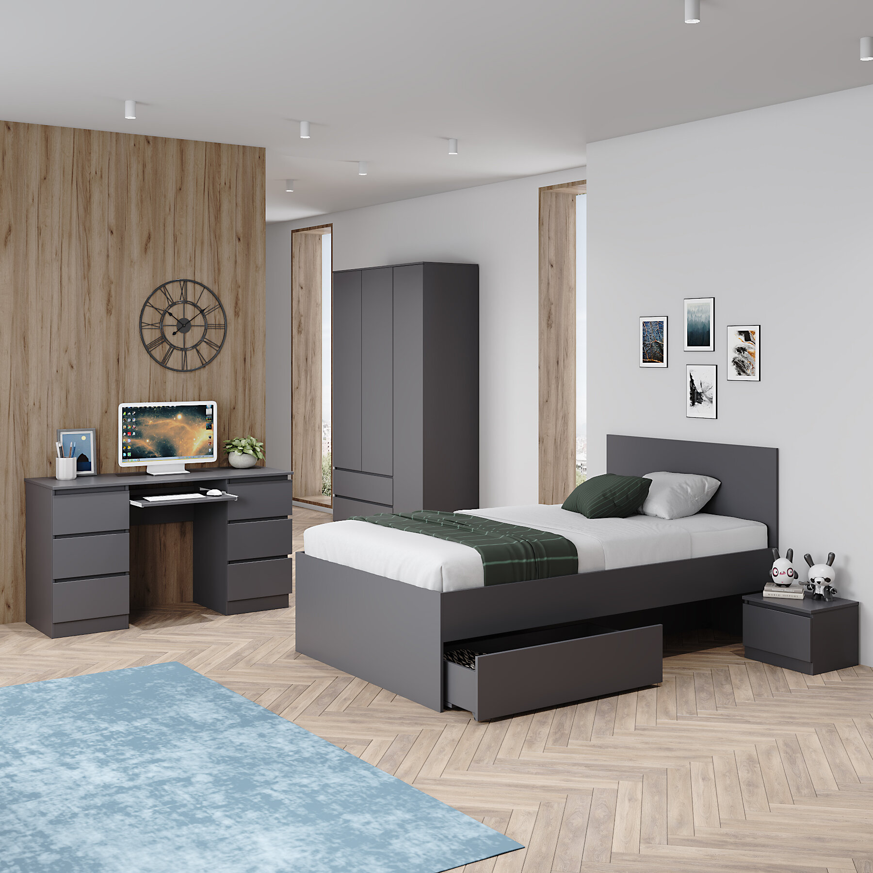 Кровать полутороспальная для спальни 120х200 см с ящиками МС Мори крмя 1200.1/1 (МП) Графит