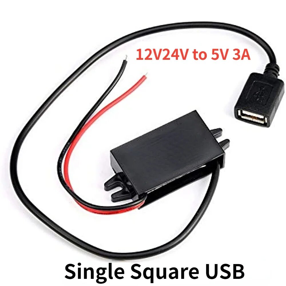 Адаптер питания с понижающим напряжением 12 В, 24 В до 5 В, 3 А, автомобильный Single Square USB