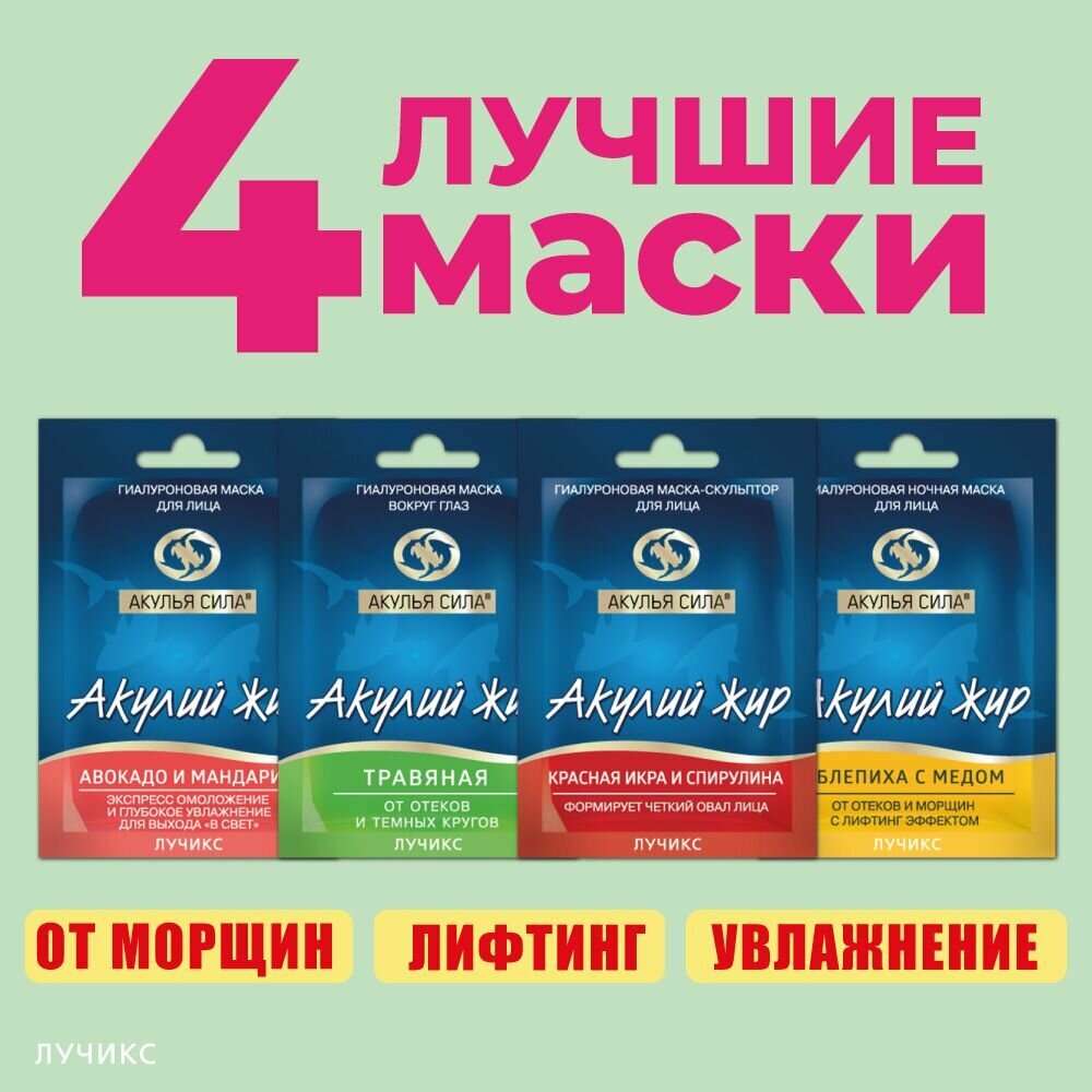 Акулья сила. Маски от морщин для лица, омоложение, увлажнение. Набор 4 шт. по 10 г / лучикс