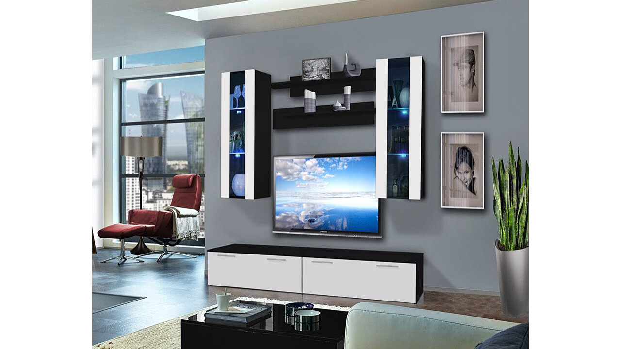 Гостиная 25 Белый Фасадный 0101 PE / Черный 0190 PE NEW 200x45x160 см, GOODFORM