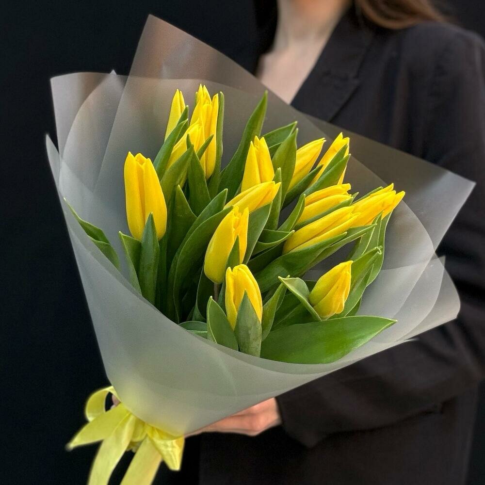 Букет DIVAFLORA "Тюльпаны", живые цветы, высота 50 см, 15 шт, желтые