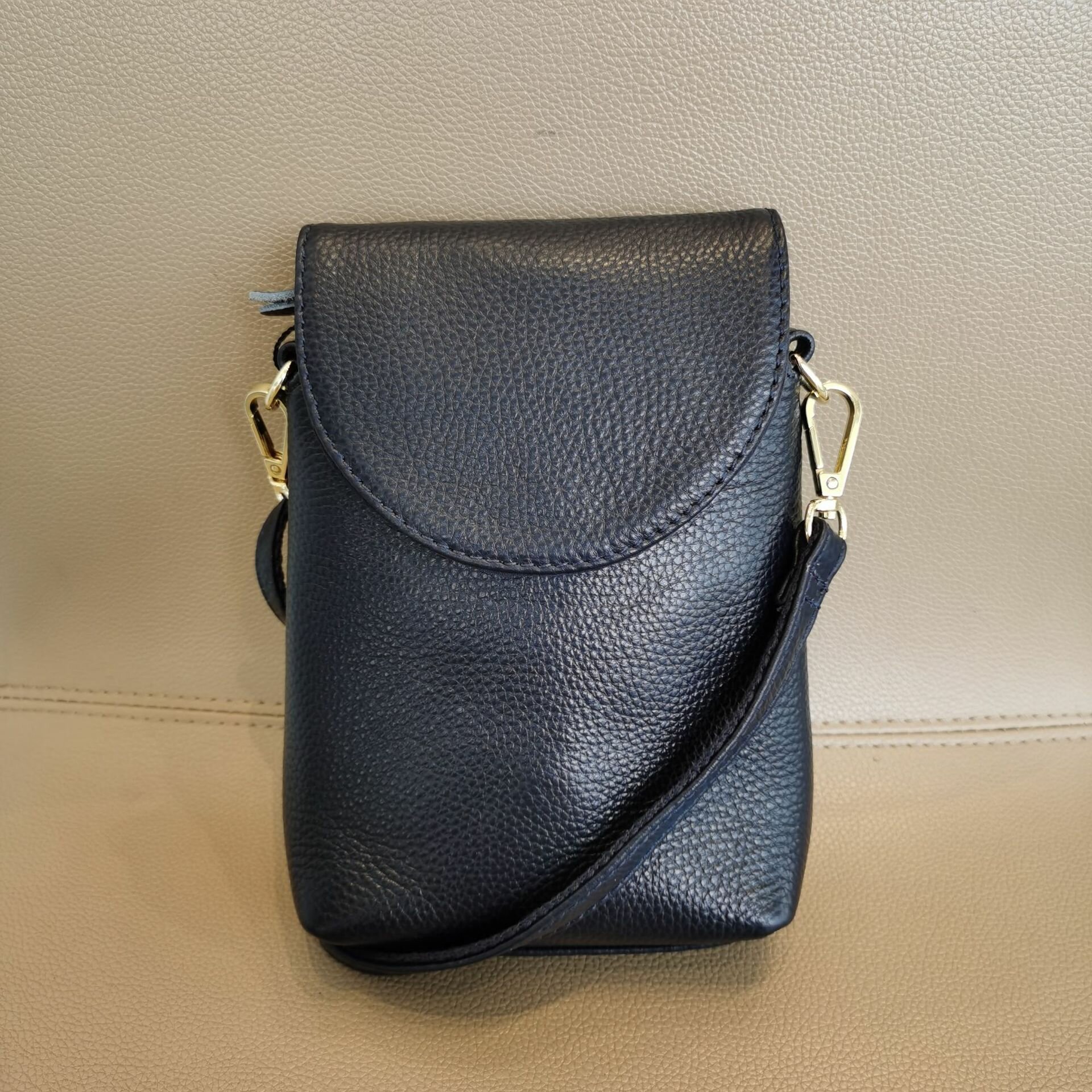 Сумка-кошелек, для мобильного телефона, из воловьей кожи, темно-синяя, 13x6x19 см