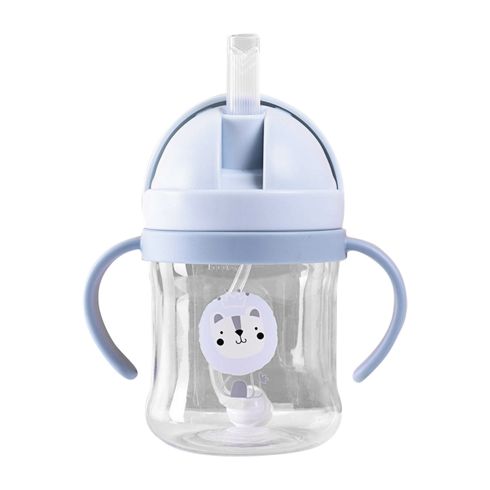 Детская кружка-непроливайка с утяжелителем и трубочкой, объемом 250 мл, с рисунком животных, герметичная, с откидной ручкой, синяя.