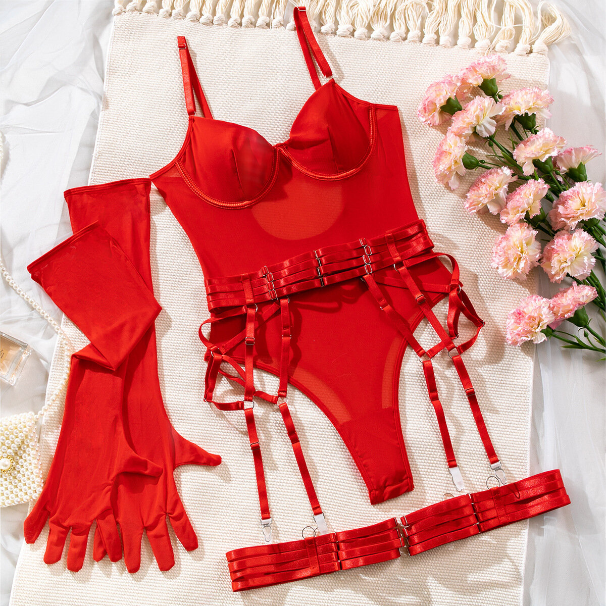 Нижнее белье, прозрачное, красное, S