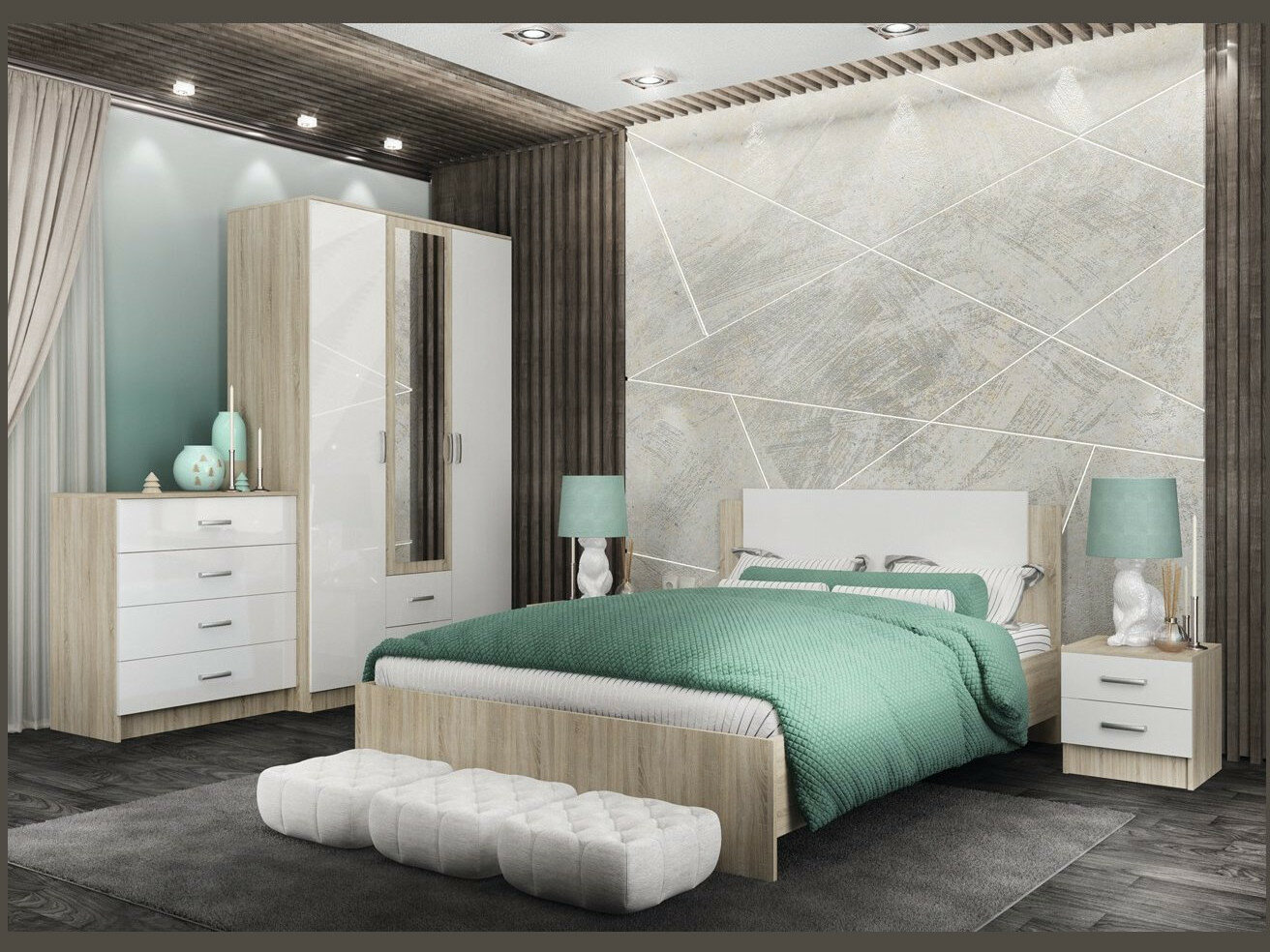 Модульная спальня, из ЛДСП, композиция 4 (Белый глянец/Дуб Сонома)