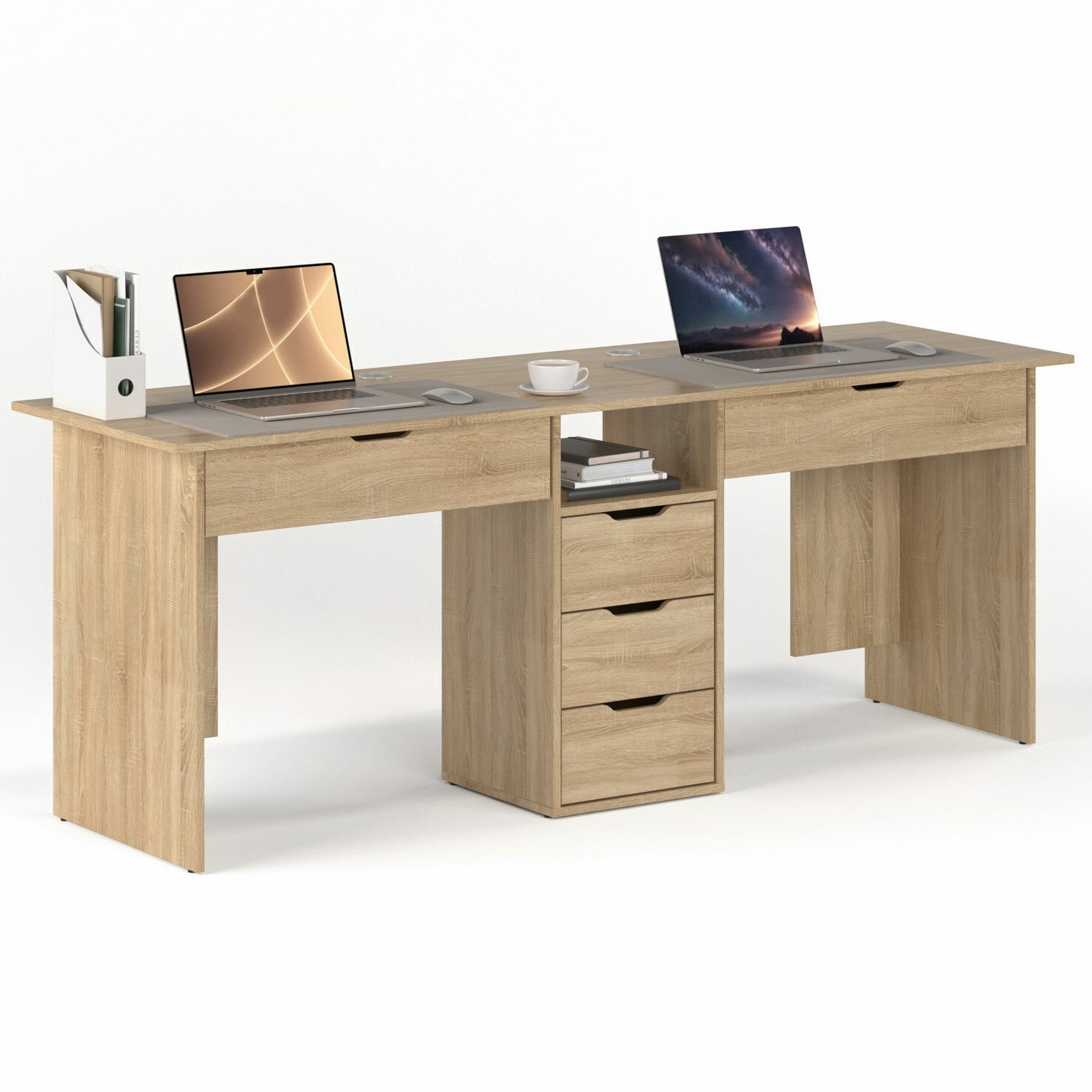 Письменный стол для двоих однотумбовый с 5 ящиками МагМебель Б89Я дуб сонома