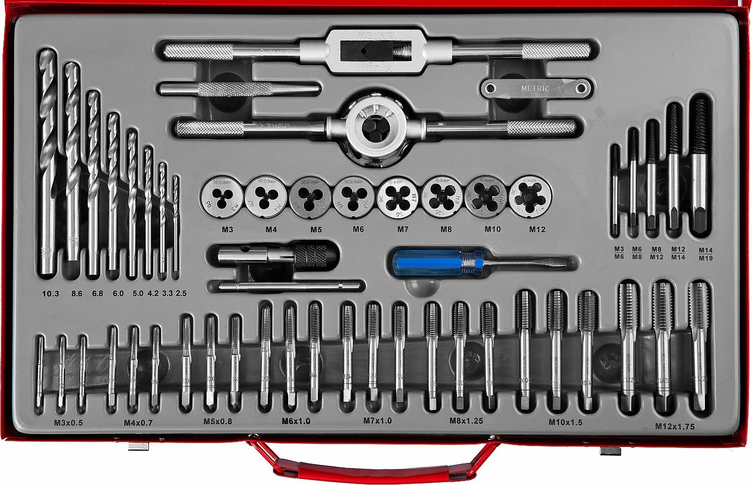 Набор метчиков и плашек ЗУБР 52 предмета, сталь 9ХС, резьба М3-М12