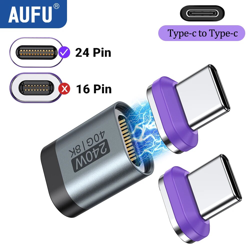 Магнитный адаптер AUFU 240 Вт USB C для быстрой зарядки типа C к разъему USB4 40 Гбит/с 8K60 Гц для Thunderbolt 4 3 iPhone16 Macbook, 24pin Adapter TC TC