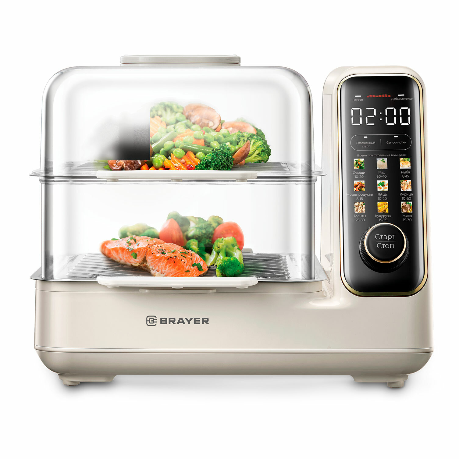 Пароварка BRAYER, 2050Вт, 10л, ёмк. для воды 2л, тайм 2-24ч, сенс. упр. самоочистка, автоотключ. BR2860