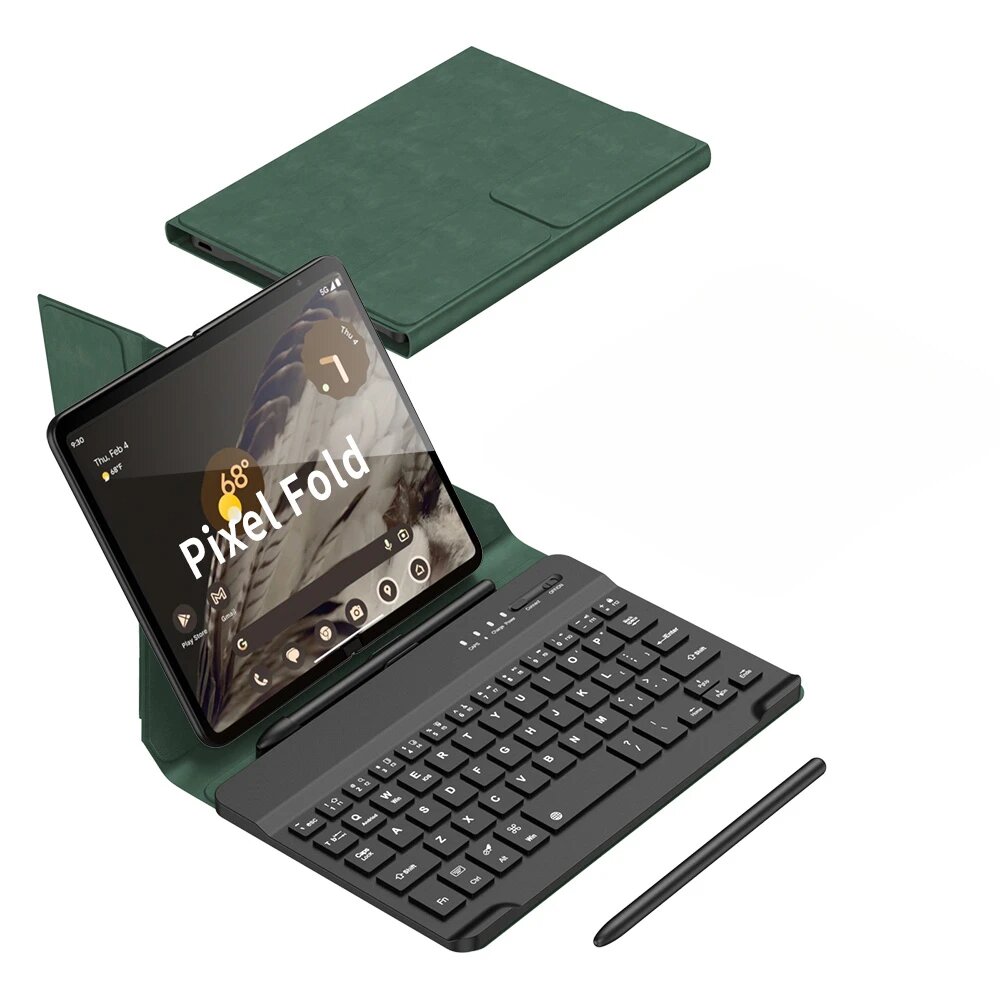 Для Google Pixel Fold 5G Клавиатура чехол Беспроводная Bluetooth Магнитная Складная откидная подставка кожаный чехол с ручкой слот Универсальный Темно-зеленый, Green