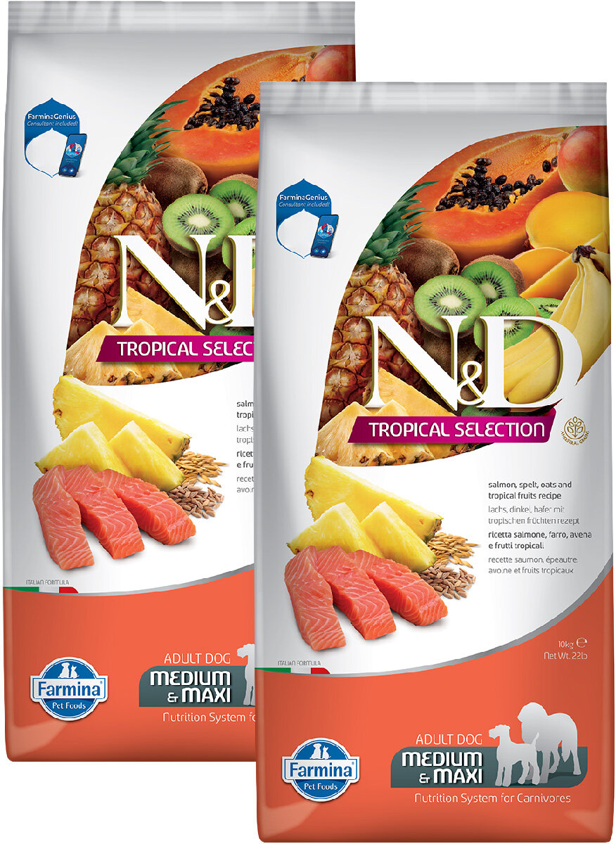 Корм сухой Farmina Dog N&D Tropical Selection Adult Medium & Maxi Salmon низкозерновой для взрослых собак средних и крупных пород, лосось, спельта, овес и тропические фрукты, 10 + 10 кг