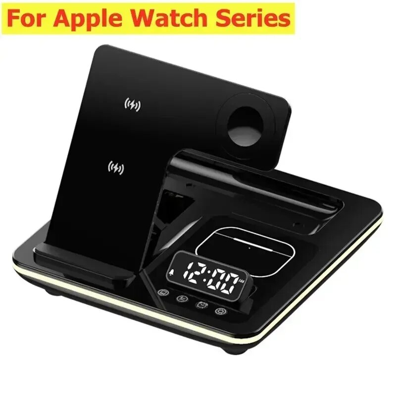 Беспроводное зарядное устройство 5 в 1, будильник, светодиодная подсветка, док-станция, быстрая беспроводная зарядка для iPhone 17-12, Apple Watch 10/9/8/7/6/5 Airpods Pro Black for iPhone
