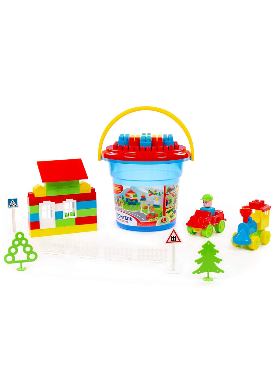 Полесье Конструктор Строитель 68 элементов в ведре синем Макси с крышкой 24392 с 3 лет