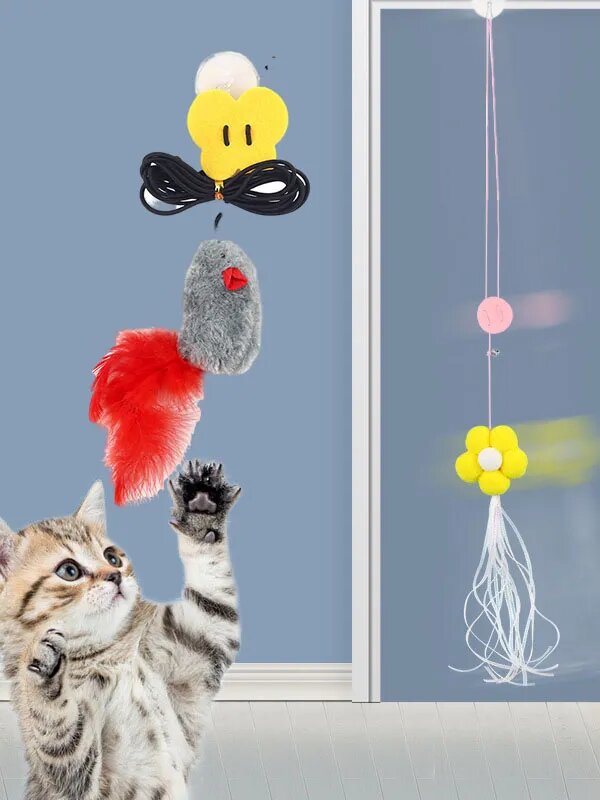 Игрушка "Мышка дразнилка" на резинке для кошек и котят, подвесная, с универсальным креплением, Серая