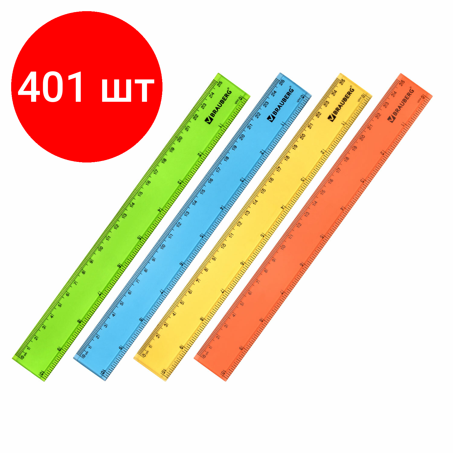 Комплект 401 шт, Линейка пластиковая 25 см, BRAUBERG, прозрачная, неоновая, ассорти, 210835