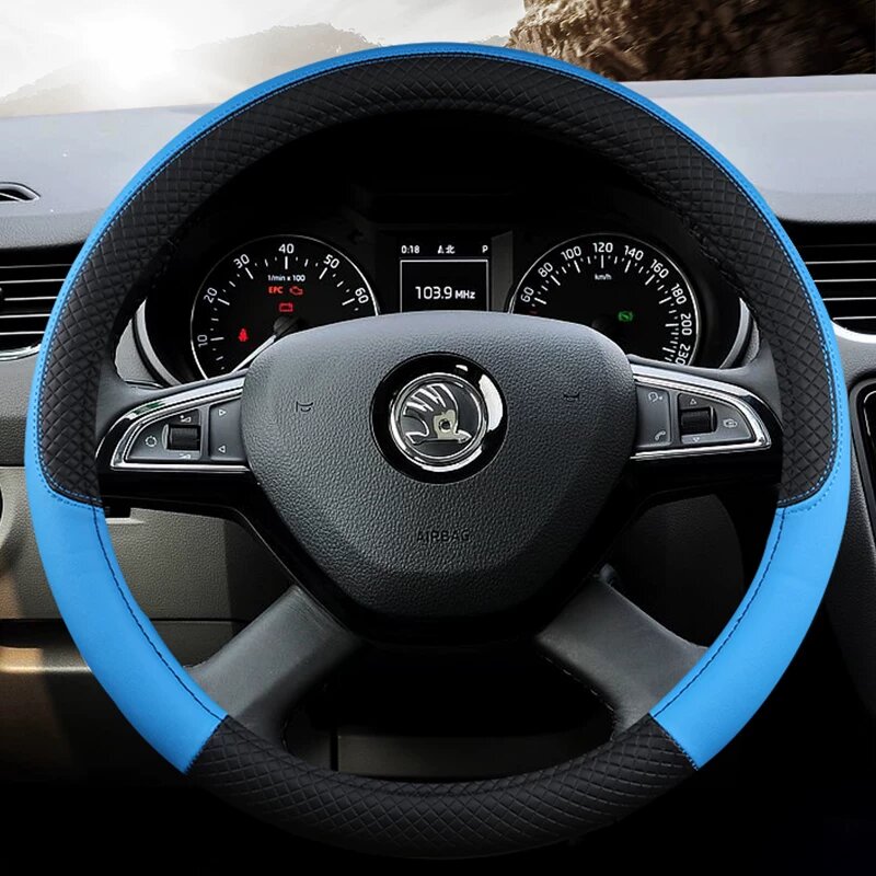 Всесезонный чехол для руля Skoda Octavia, Rapid, Superb, Yeti, Kodiaq, Fabia - Черно-голубой узор