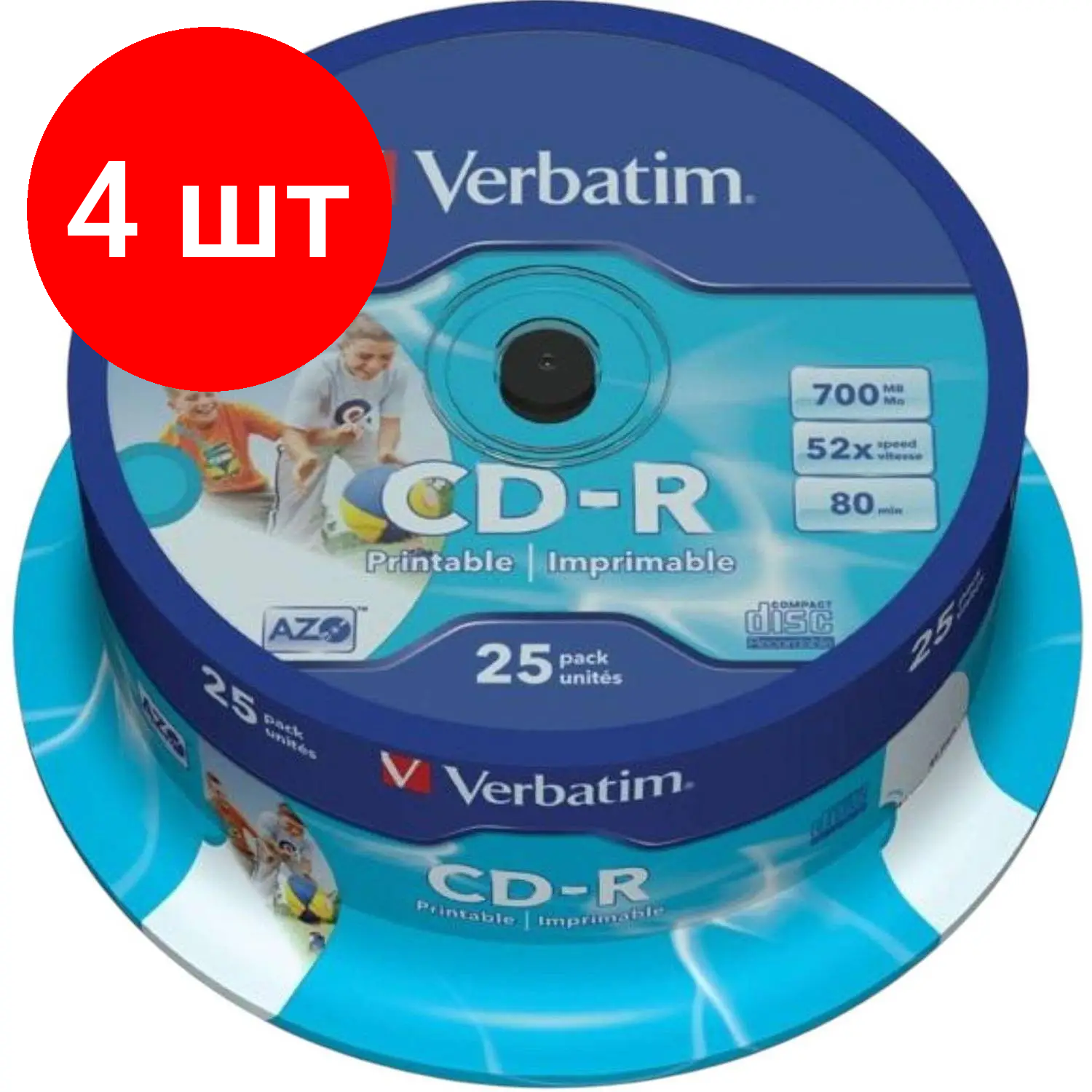 Комплект 4 упаковок, Носители информации CD-R Printable, 52x, Verbatim Azo Wide, Cake/25, 43439