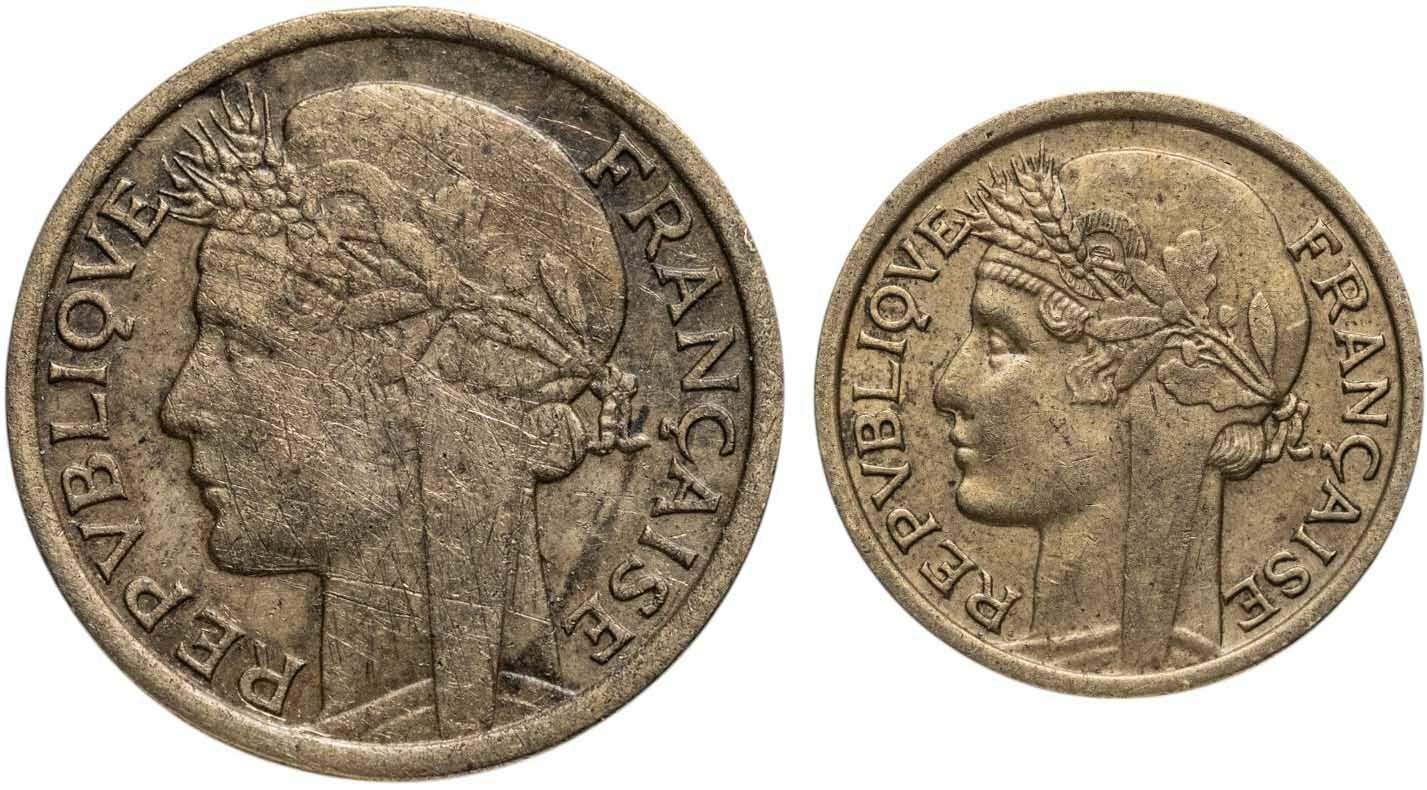 Французская западная Африка полный годовой набор монет 1944 2 штуки, Латунь, в сохранности VF