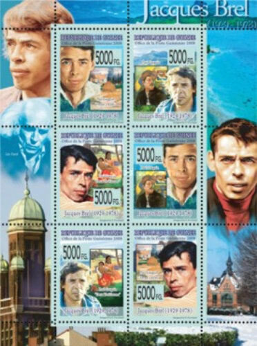 Почтовые марки Гвинея 2008г. "Знаменитости - Жак Брель, 1929-1978" Кино, Актеры MNH