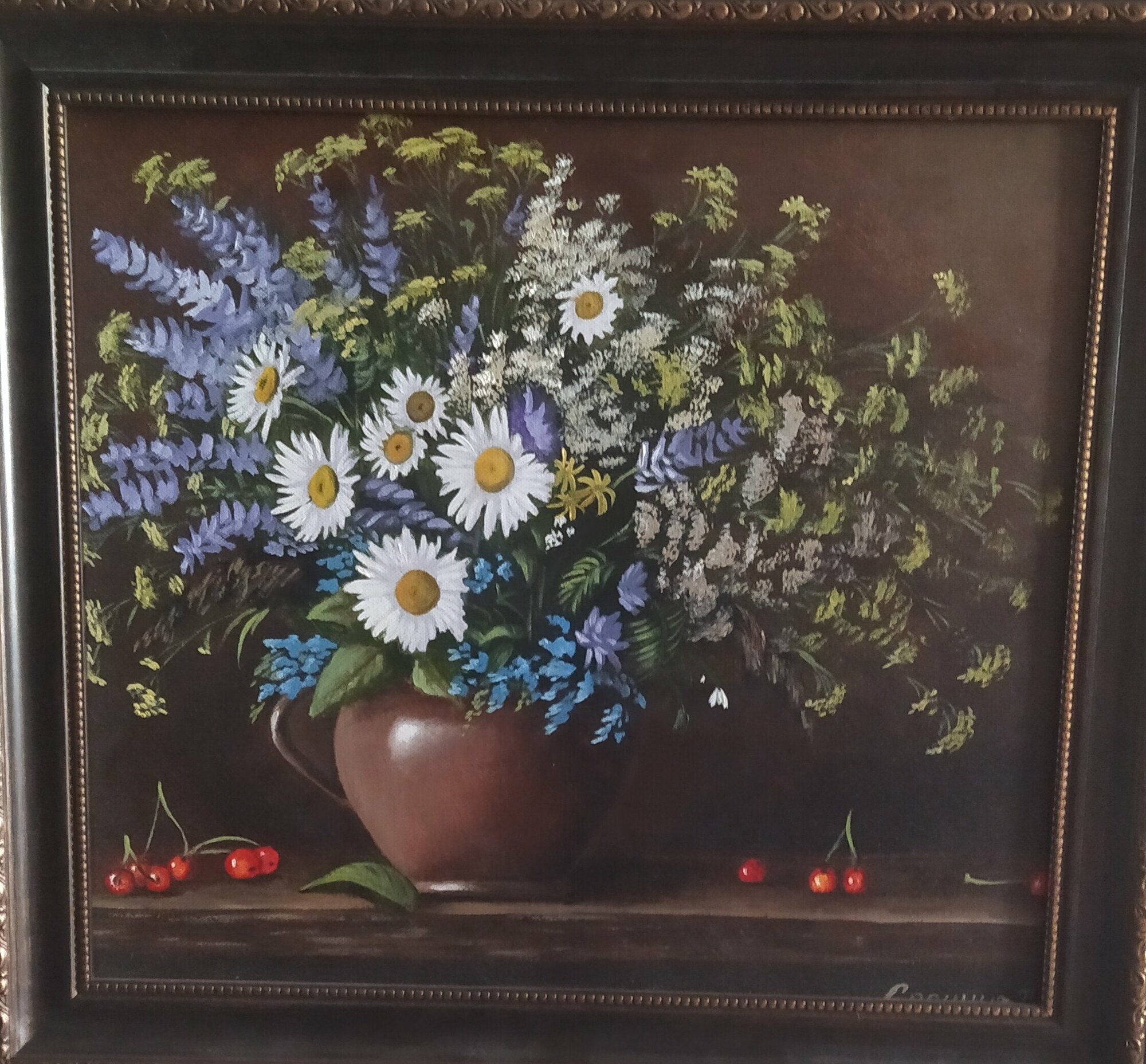 Натюрморт "Деревенский натюрморт с ромашками", картина маслом, холст 44*50 см, ручная работа, Соснина Татьяна.