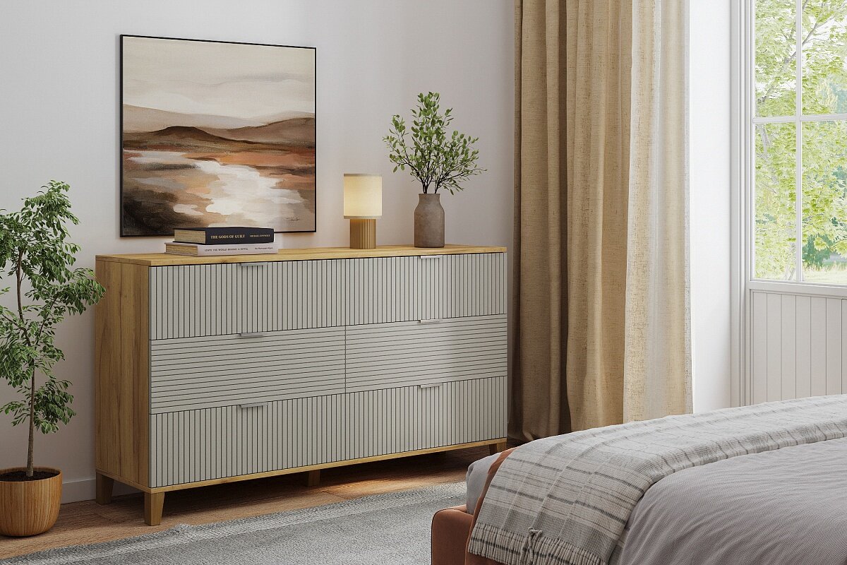 Комод МебельЛэнд24 Марвин 7 фрезеровка 8 Сантьяго 140x40x80 серый с 6 ящиками