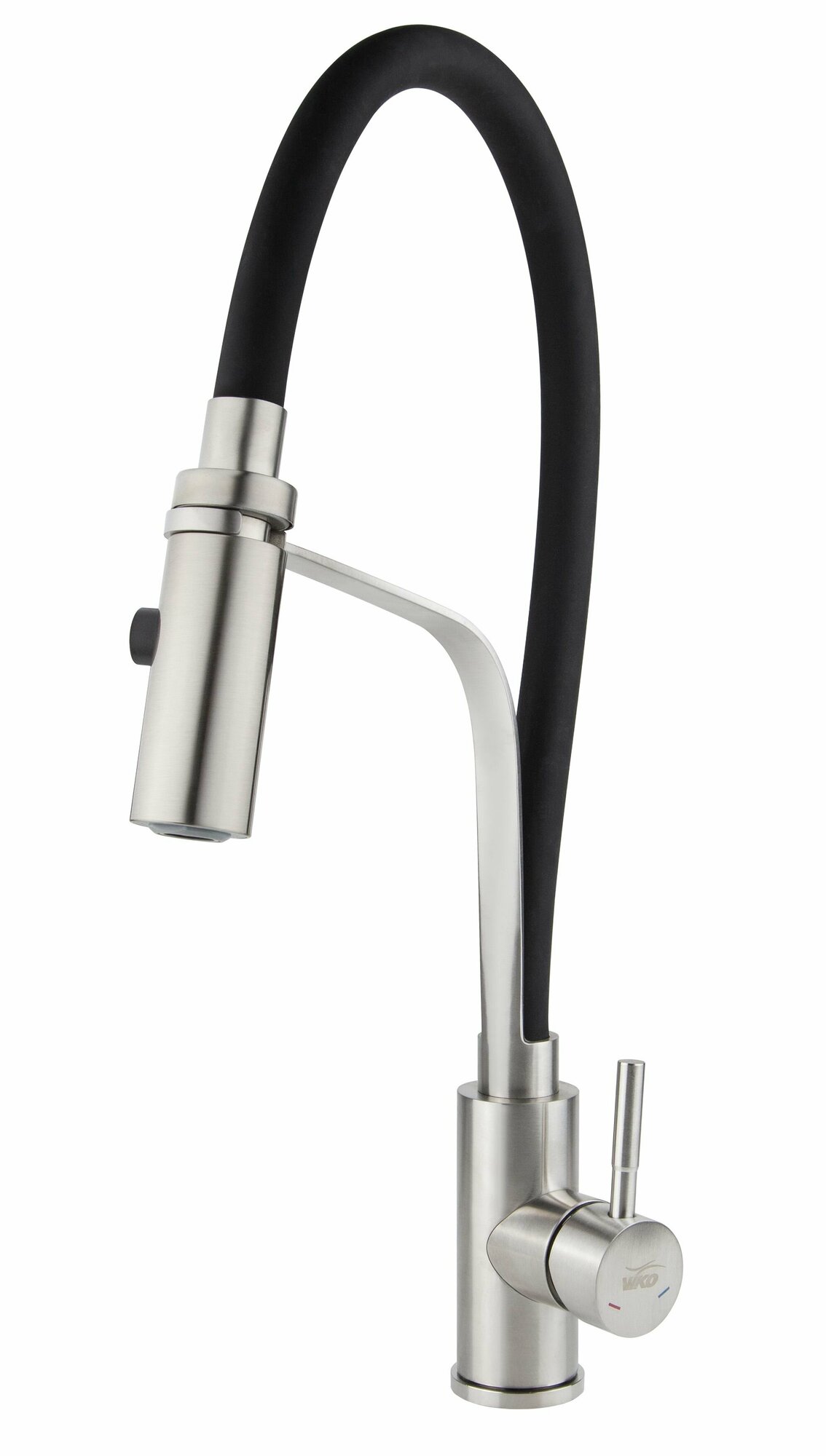 Смеситель для кухни VIKO V-4498 с чёрным гибким изливом O35 с гайкой, Silver