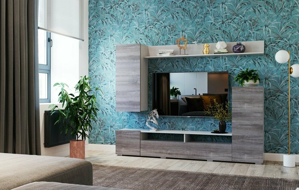 Гостиная Мия, Анкор/Клабхаус, ЛДСП, с открытыми и закрытыми полками, нишей под ТВ, 2130х1680х346, памир